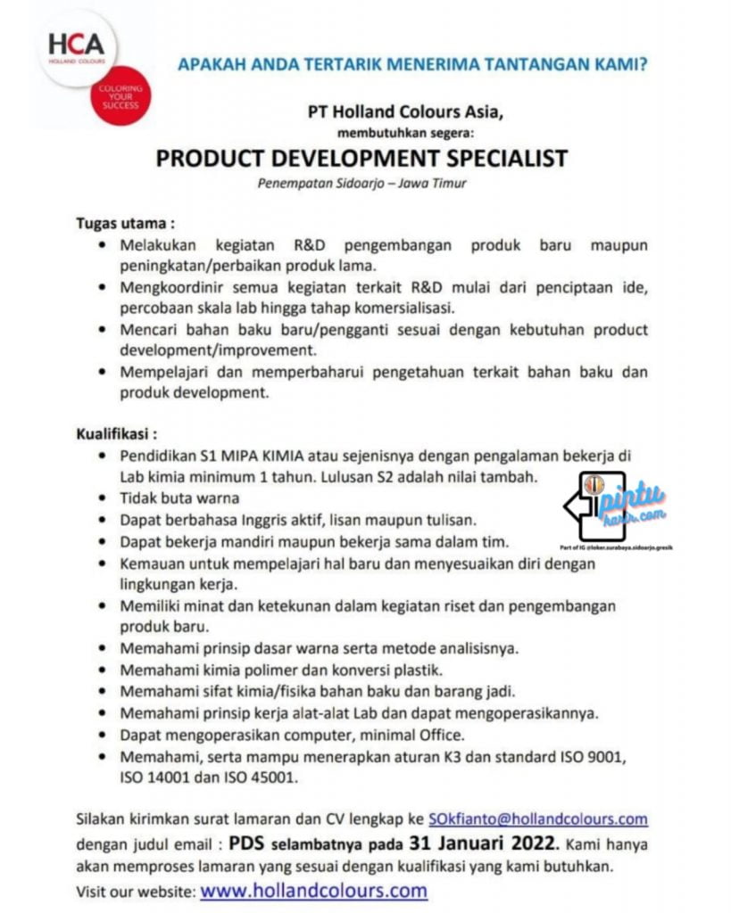 Lowongan Kerja PT. Holland Colours Asia - PintuKarir.com S1/D3